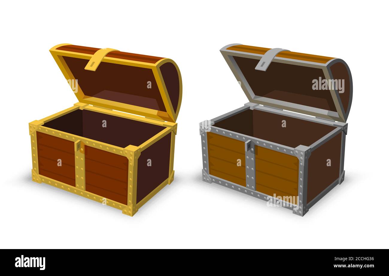 Golden open chest 3d object, vintage icon isolated white background ...