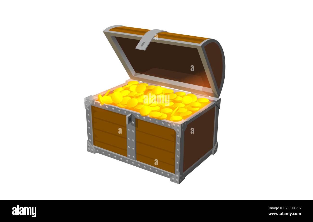 Golden open chest 3d object, vintage icon isolated white background ...