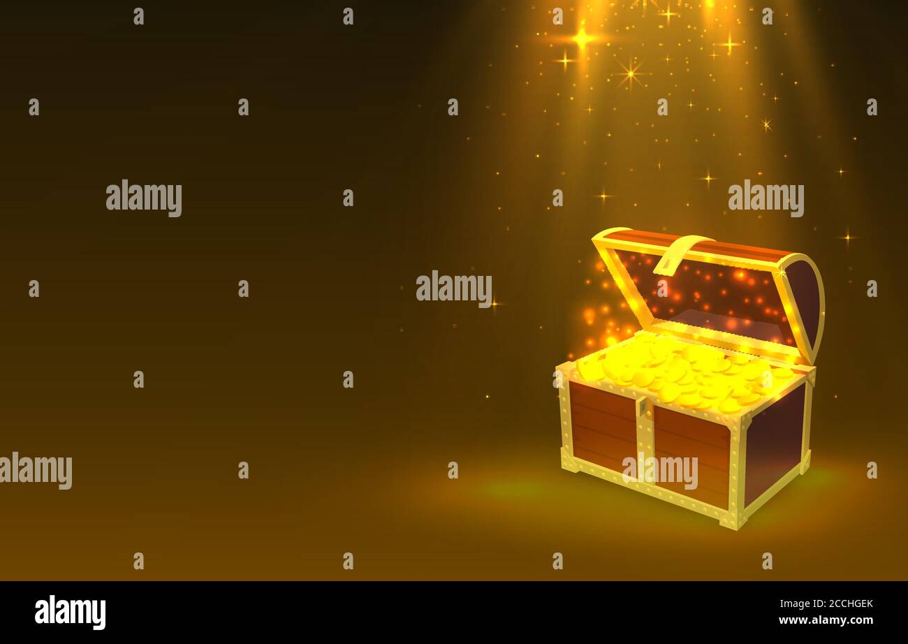 Golden open chest 3d object, vintage icon isolated white background ...