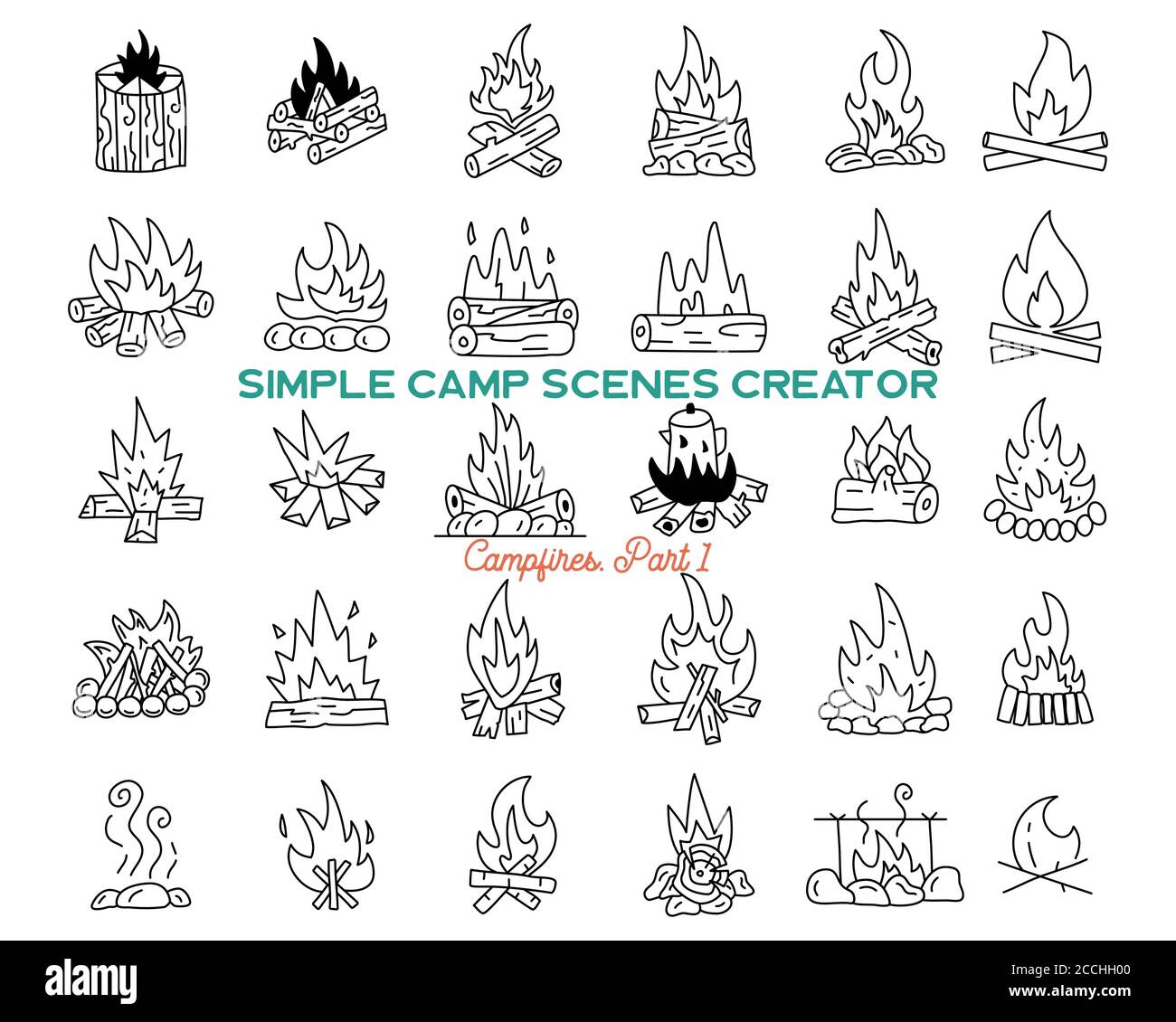 Vintage hand drawn campfires icons bundle. Simple bonfires line art graphics. Adventure symbols ...