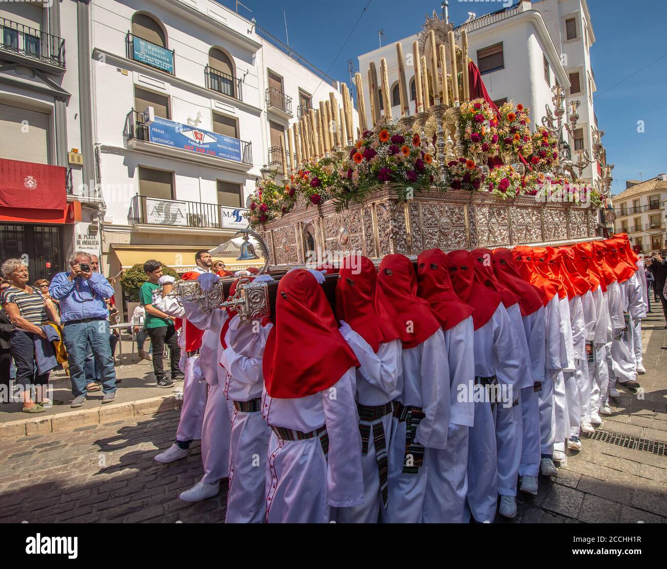 Procession in Spain during Easter Holy Week (Samana Santa) carrying a ...