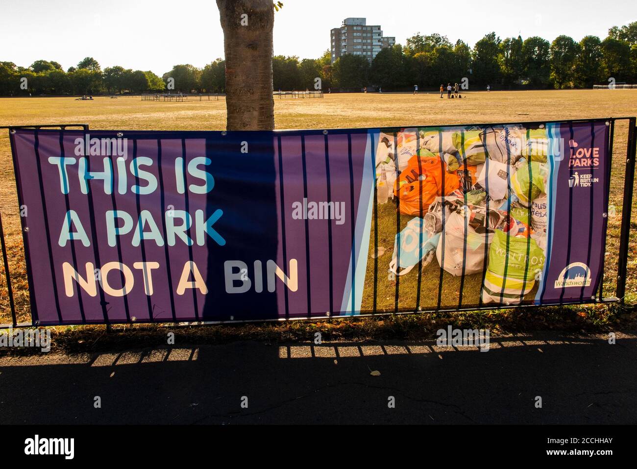 "This is a park is not a bin" sign on Wandsworth Common in London Stock ...