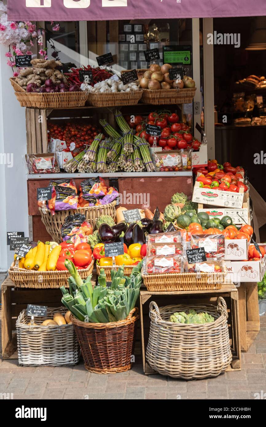 Fruit and vegetables on display outside an organice produce shop Stock ...