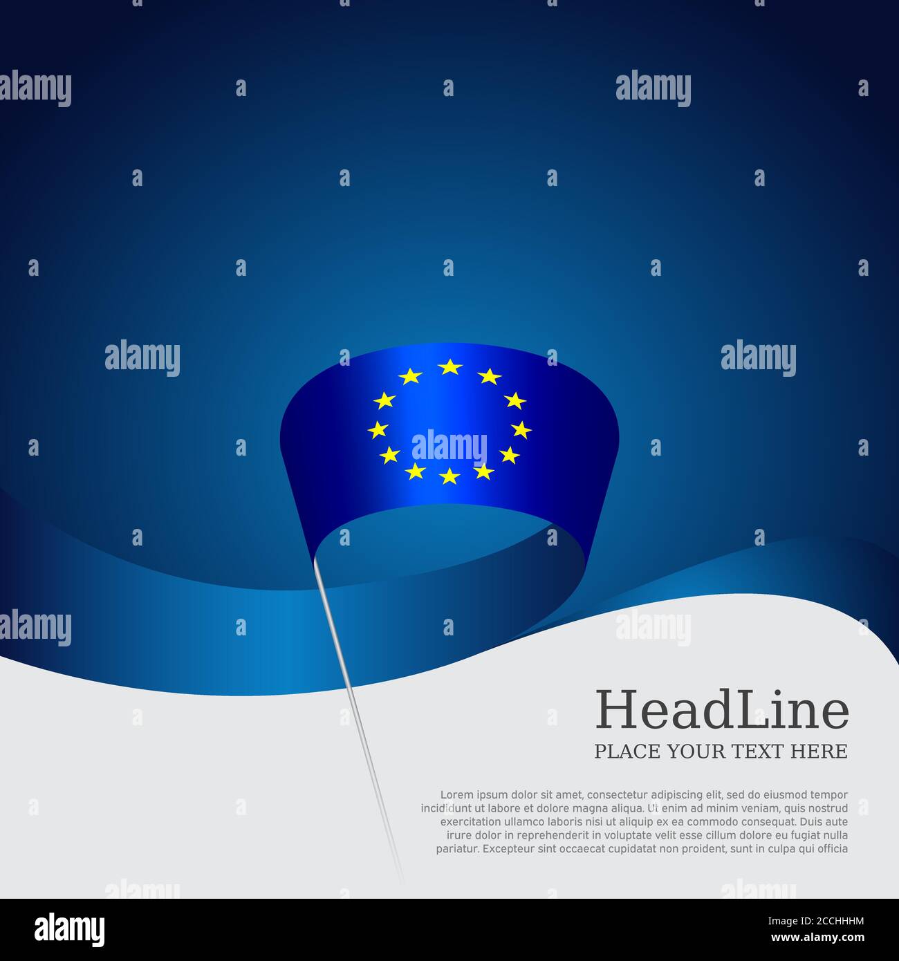 European union flag with blue wavy ribbon on a white background ...