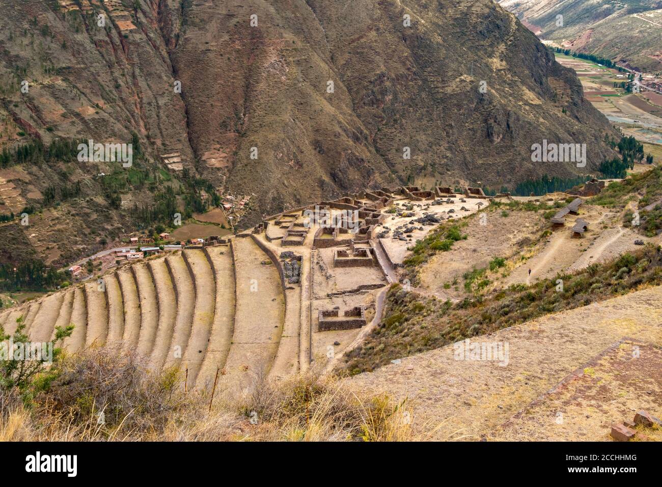 View of the ruins of the ancient Inca city of Pisac, near Cusco, Peru ...
