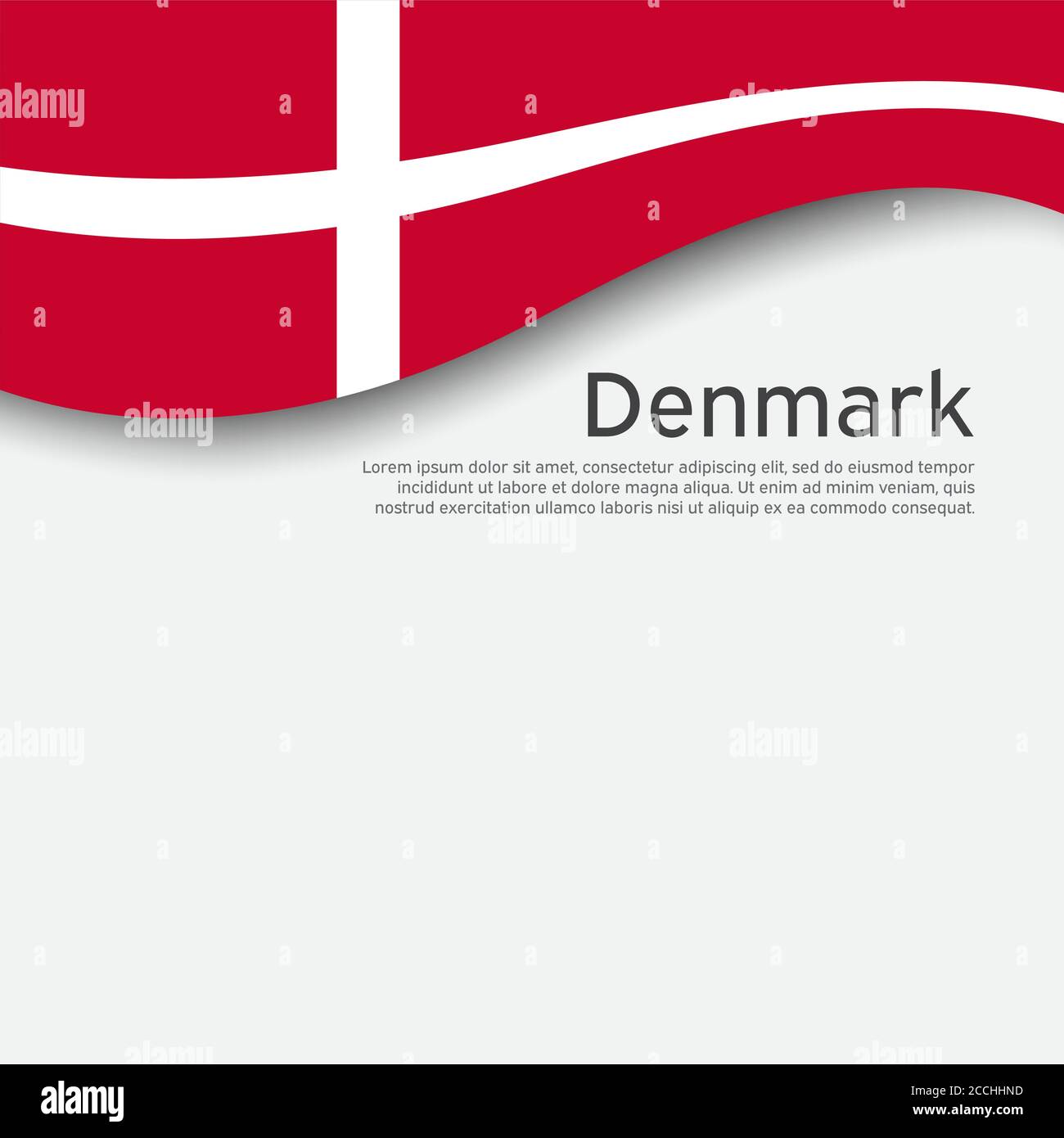 Flag of Denmark on a wavy white background. National poster design ...