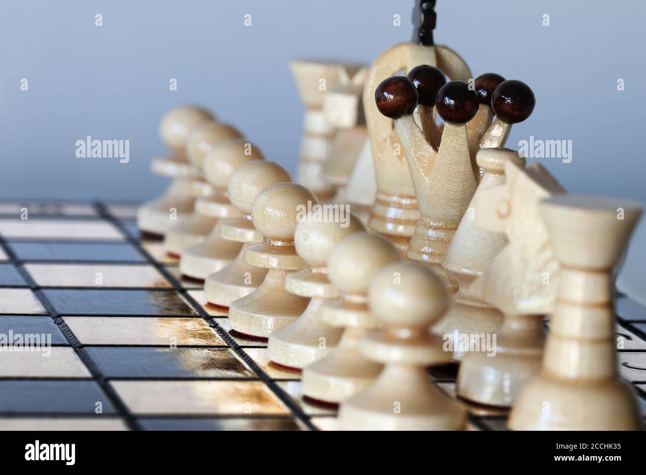 White chess pieces arranged on chess board before start of gameplay as ...