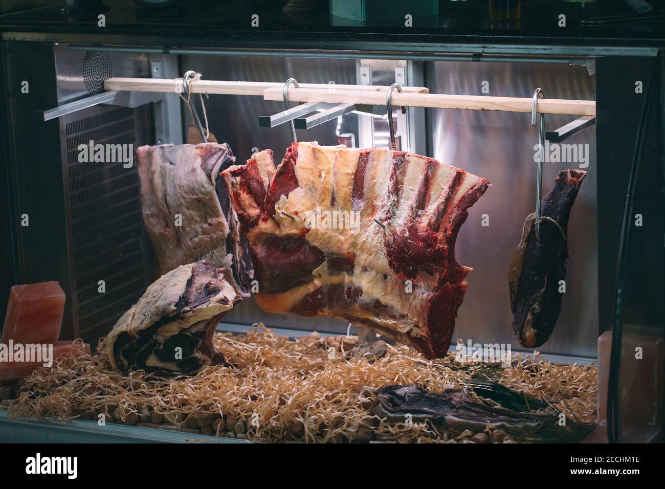 Dried meat in the restaurant. Beef steak Stock Photo - Alamy
