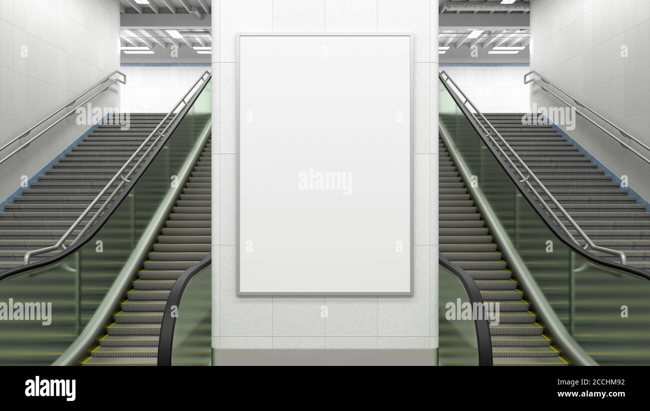 Poster mock up on the wall with escalator and stairs. 3d render Stock ...