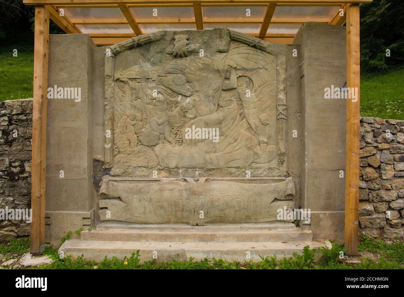 Kamno, Slovenia - July 26 2020. A replica of a memorial relief at the ...