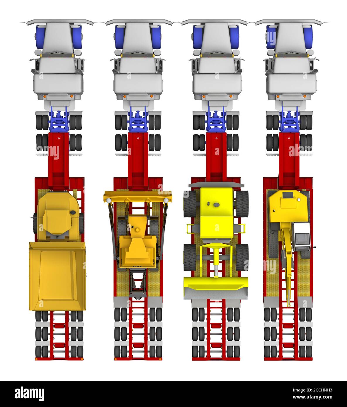 trucks transporting construction equipment top view isolated on white ...