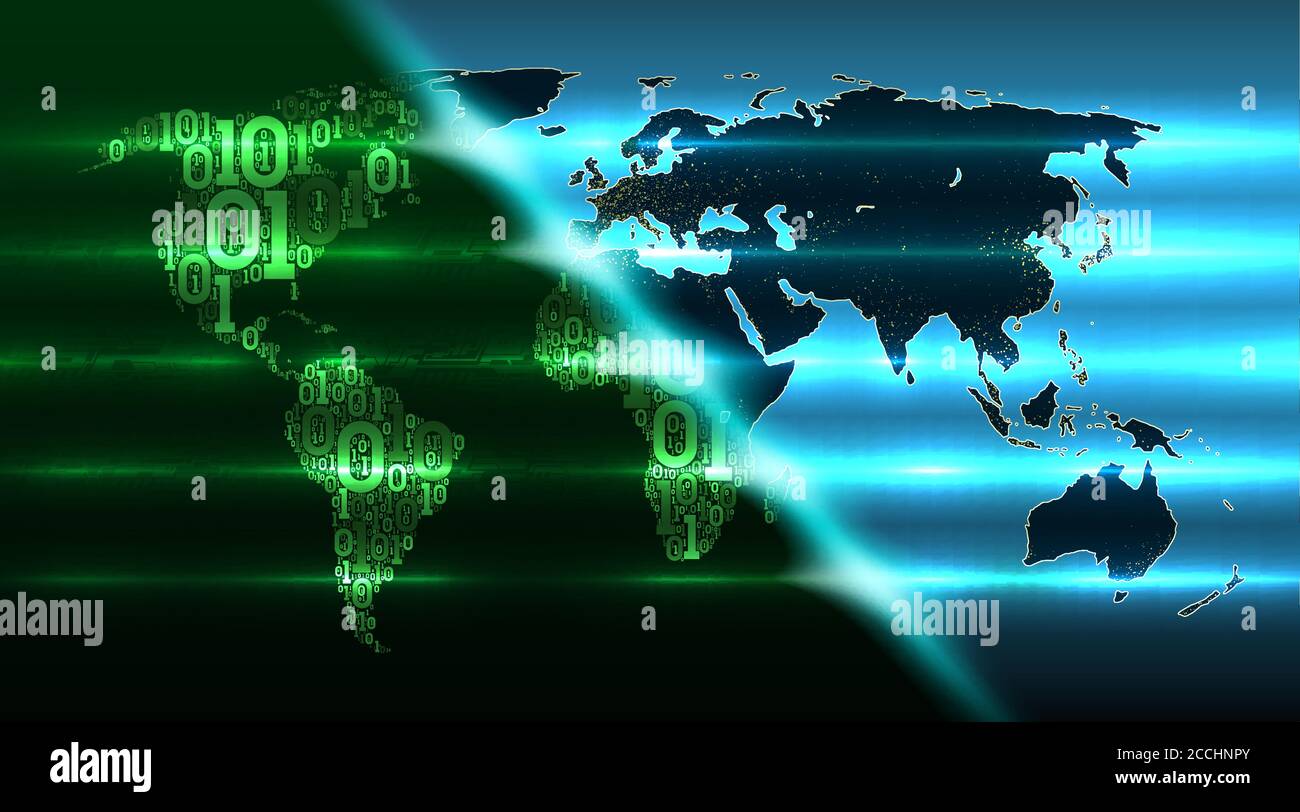 Binary Code World Map With A Background Of Abstract Hardware Digital