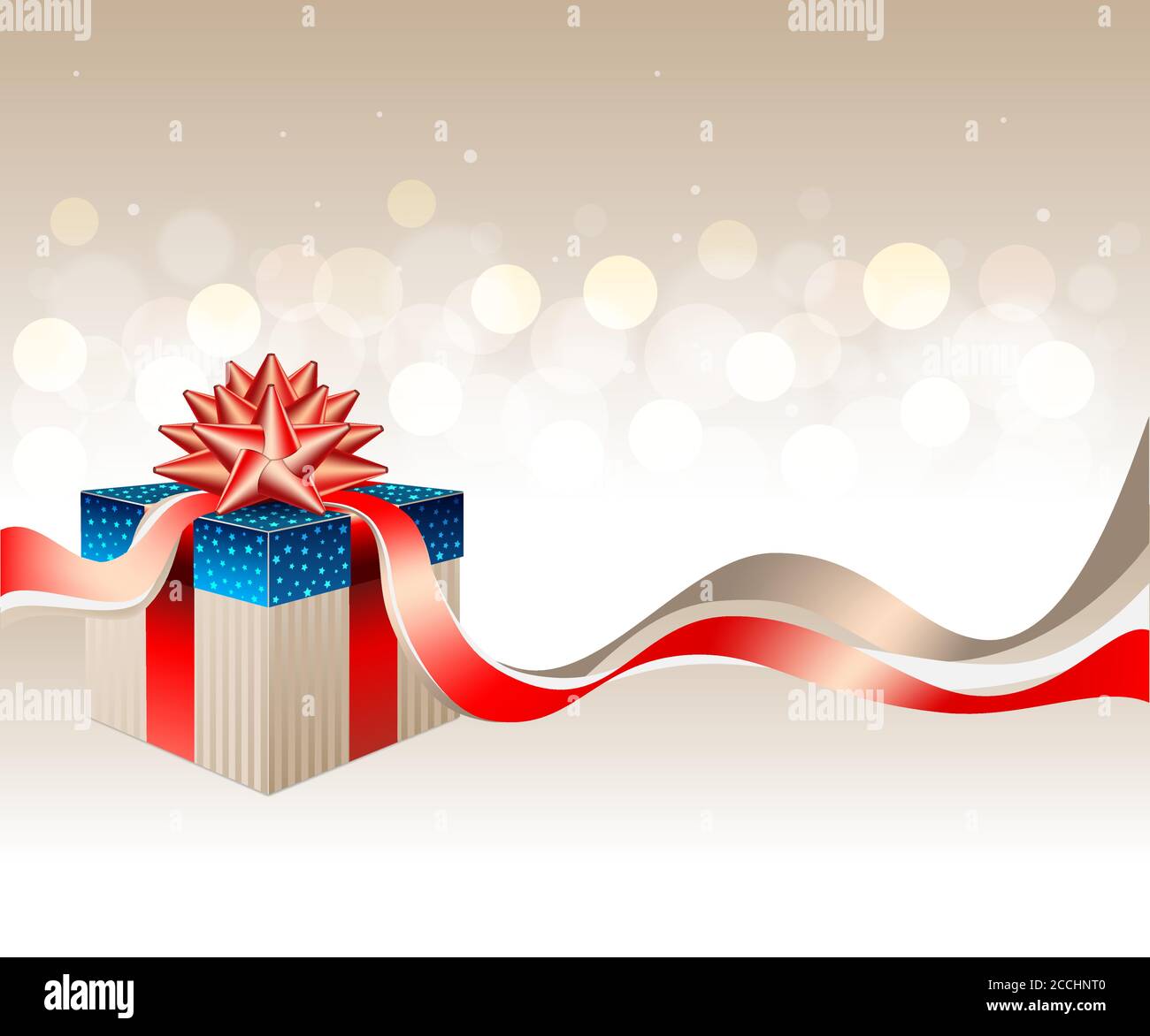 A golden blue gift box with a red gold ribbon and a bow on a light ...