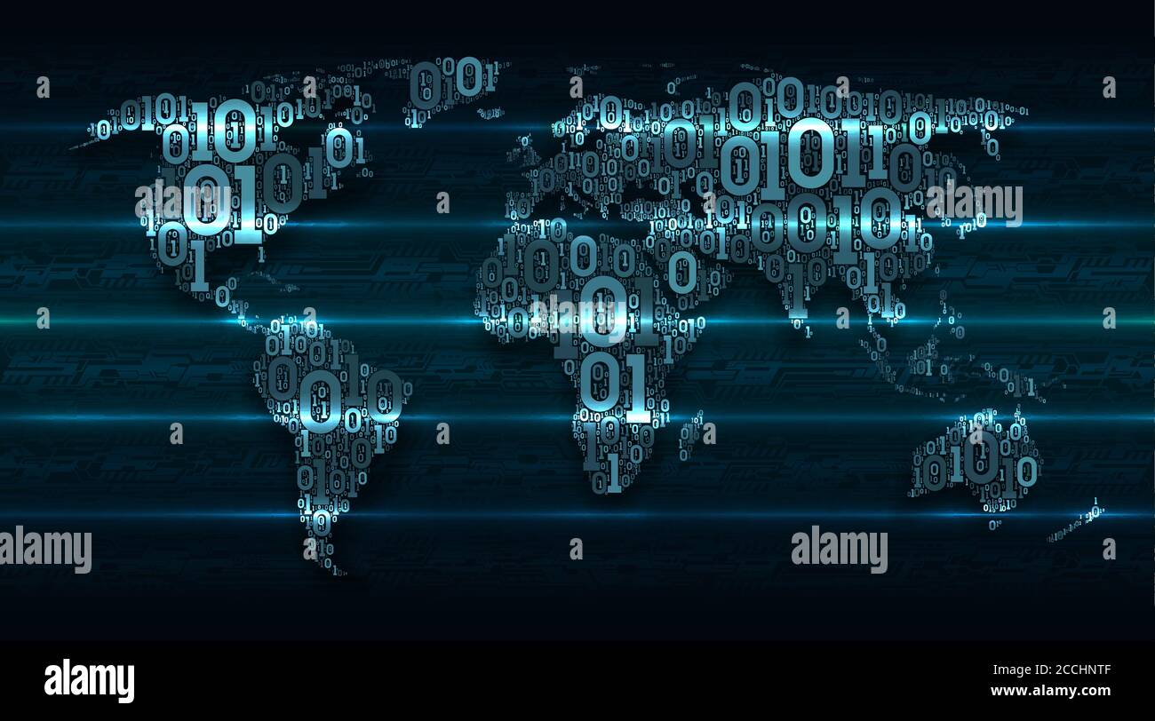 Abstract map world with continents from digital binary code on a dark green background with ...