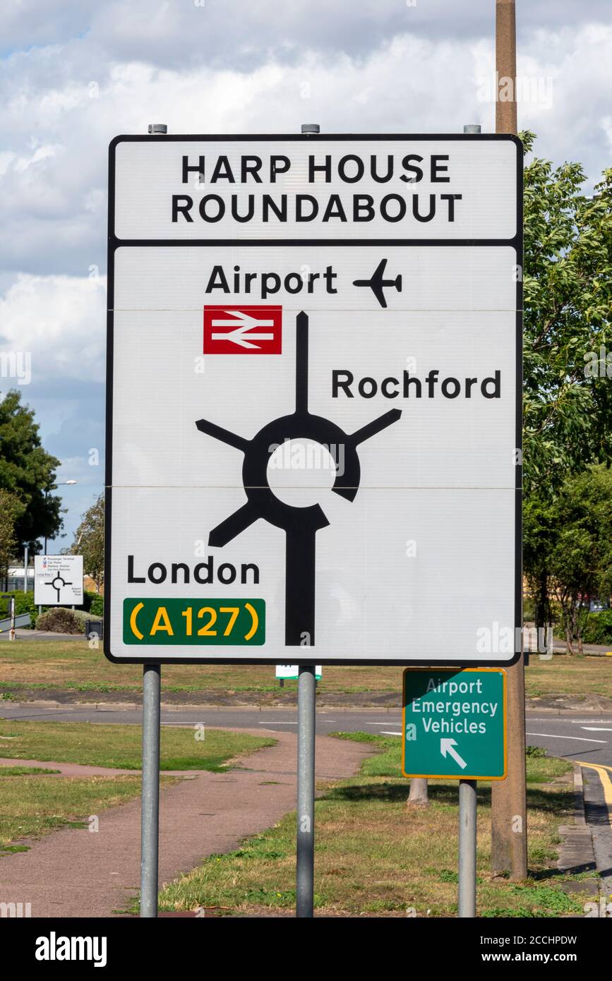 Harp House Roundabout traffic road sign. London Southend Airport ...