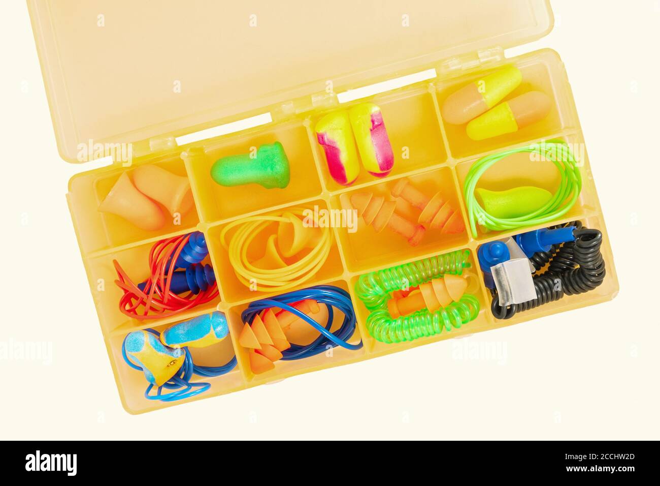hearing protection or earplugs in a container against white Stock Photo ...