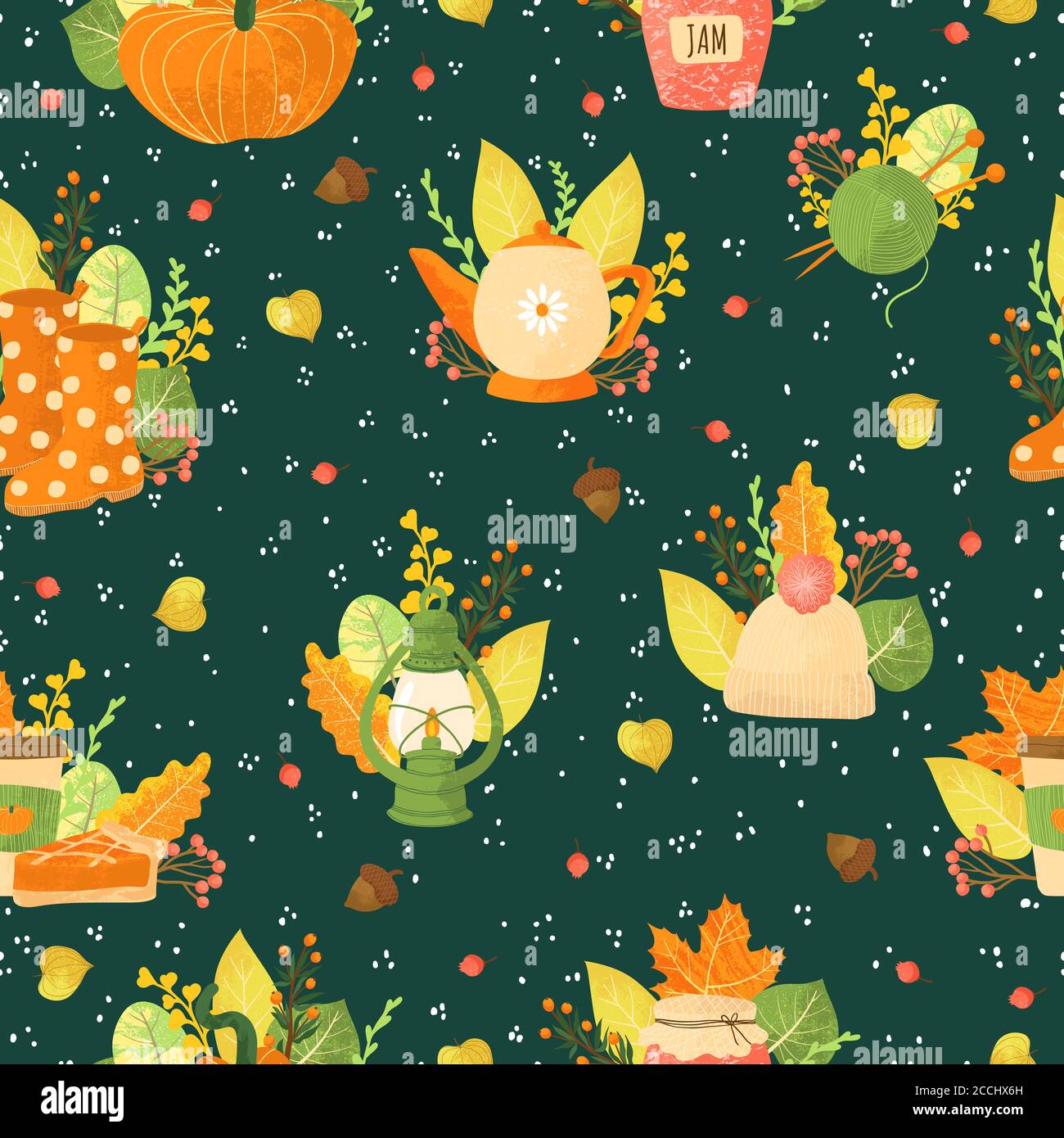 Vector seamless pattern with autumns cozy object and falls leaves and ...