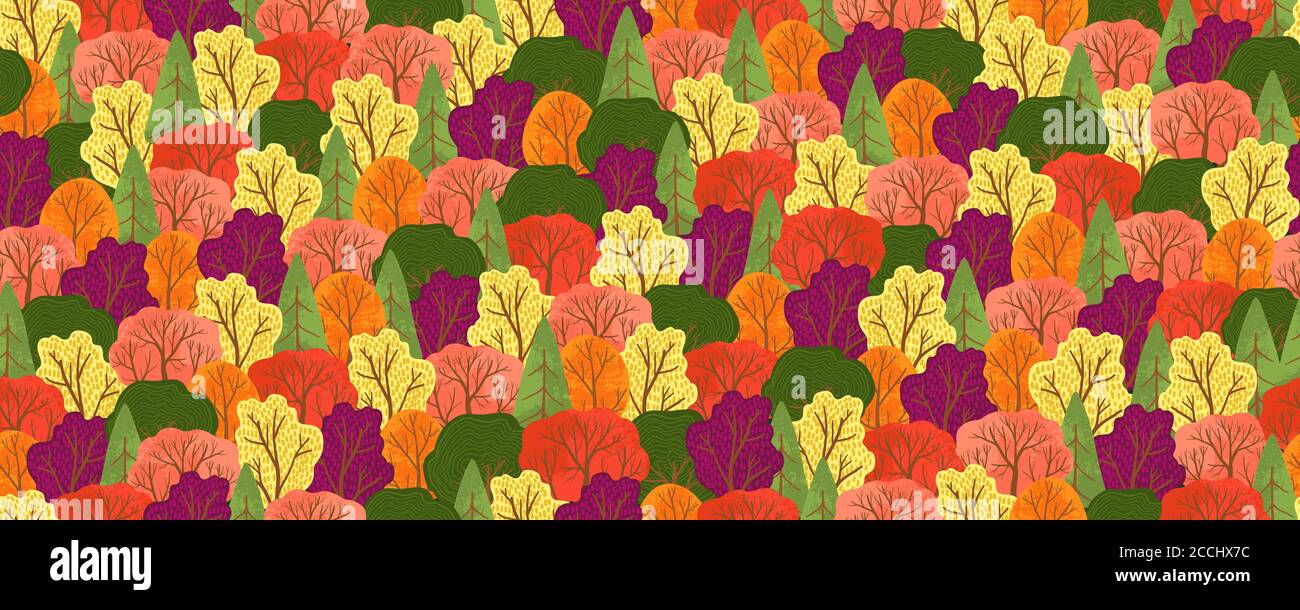 Vector seamless pattern with colorful autumn forest trees and bushes ...