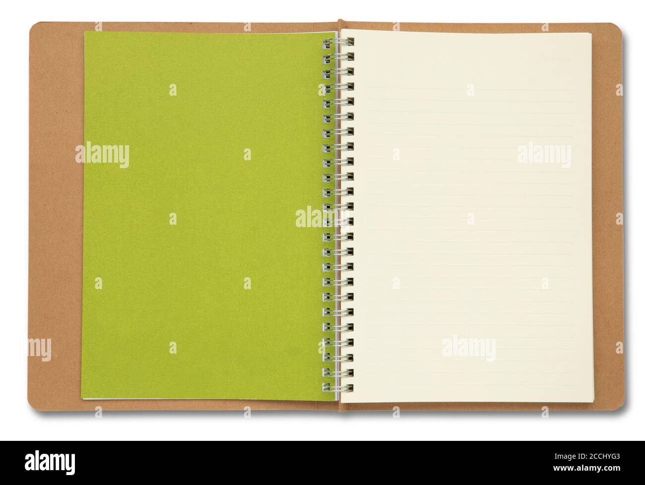 Brown spiral notebook opened on green page isolated on white background ...