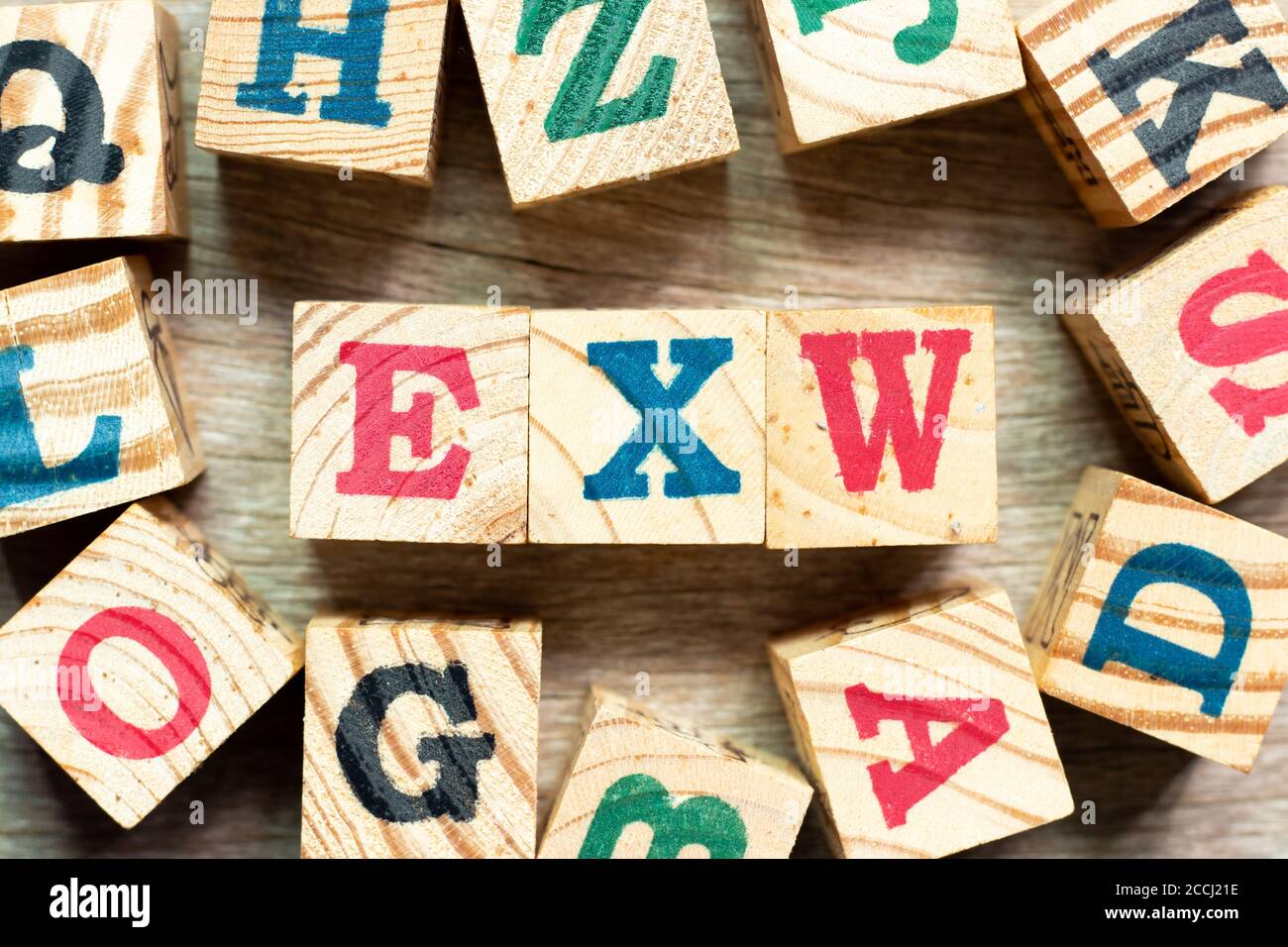 Alphabet letter block in word EXW (abbreviation of Ex works) with ...