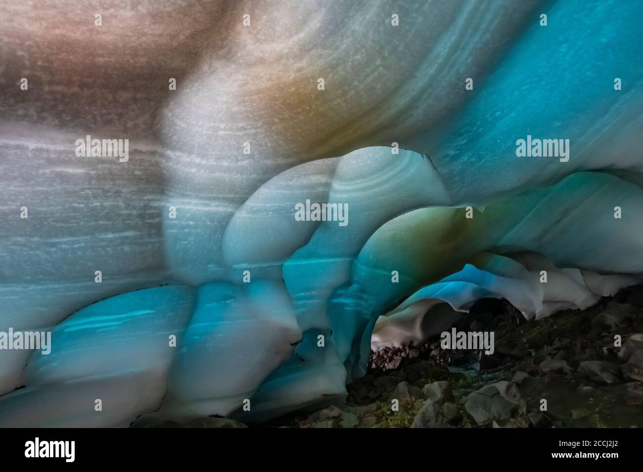 Seasonal ice cave formed by melting from the flowing Cispus River, Goat ...