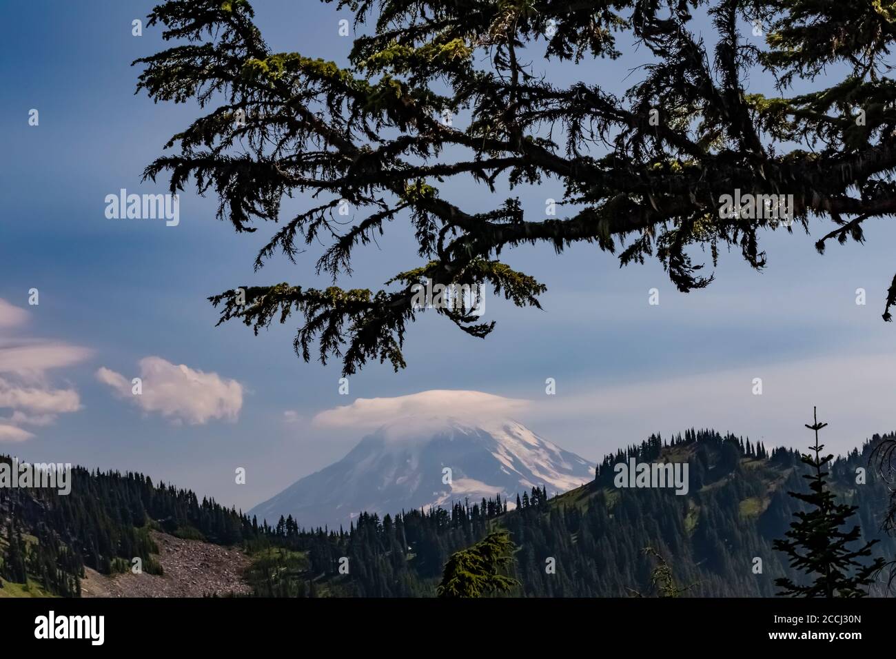 Mount Adams with a cloud cap viewed from the Pacific Crest Trail in the ...