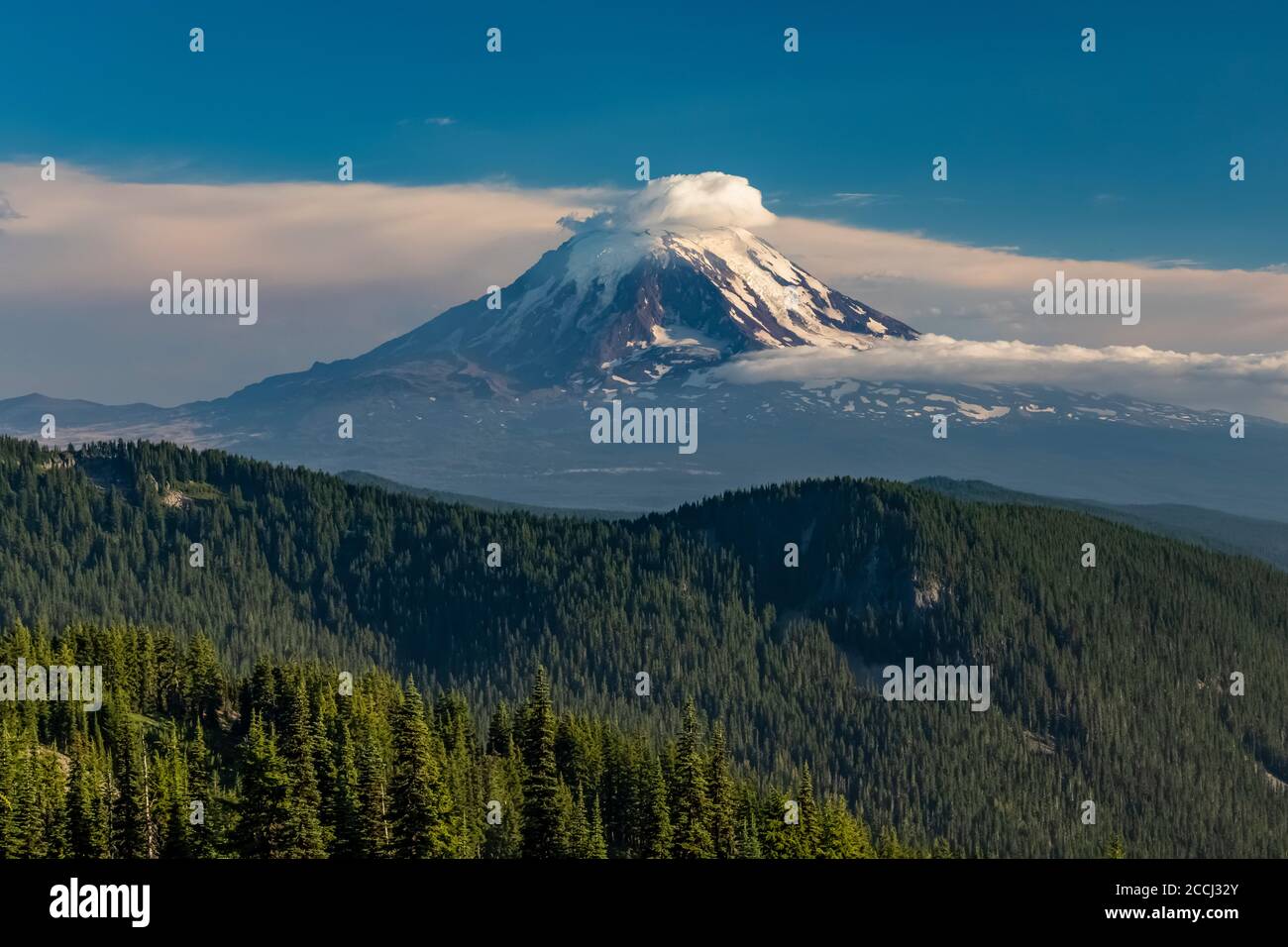 Mount Adams with a cloud cap viewed from the Snowgrass Trail in the ...