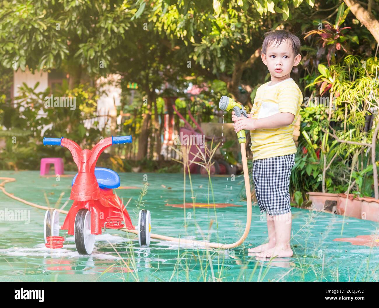 Asian baby boy washing red bicycle by green water sprayer Stock Photo ...