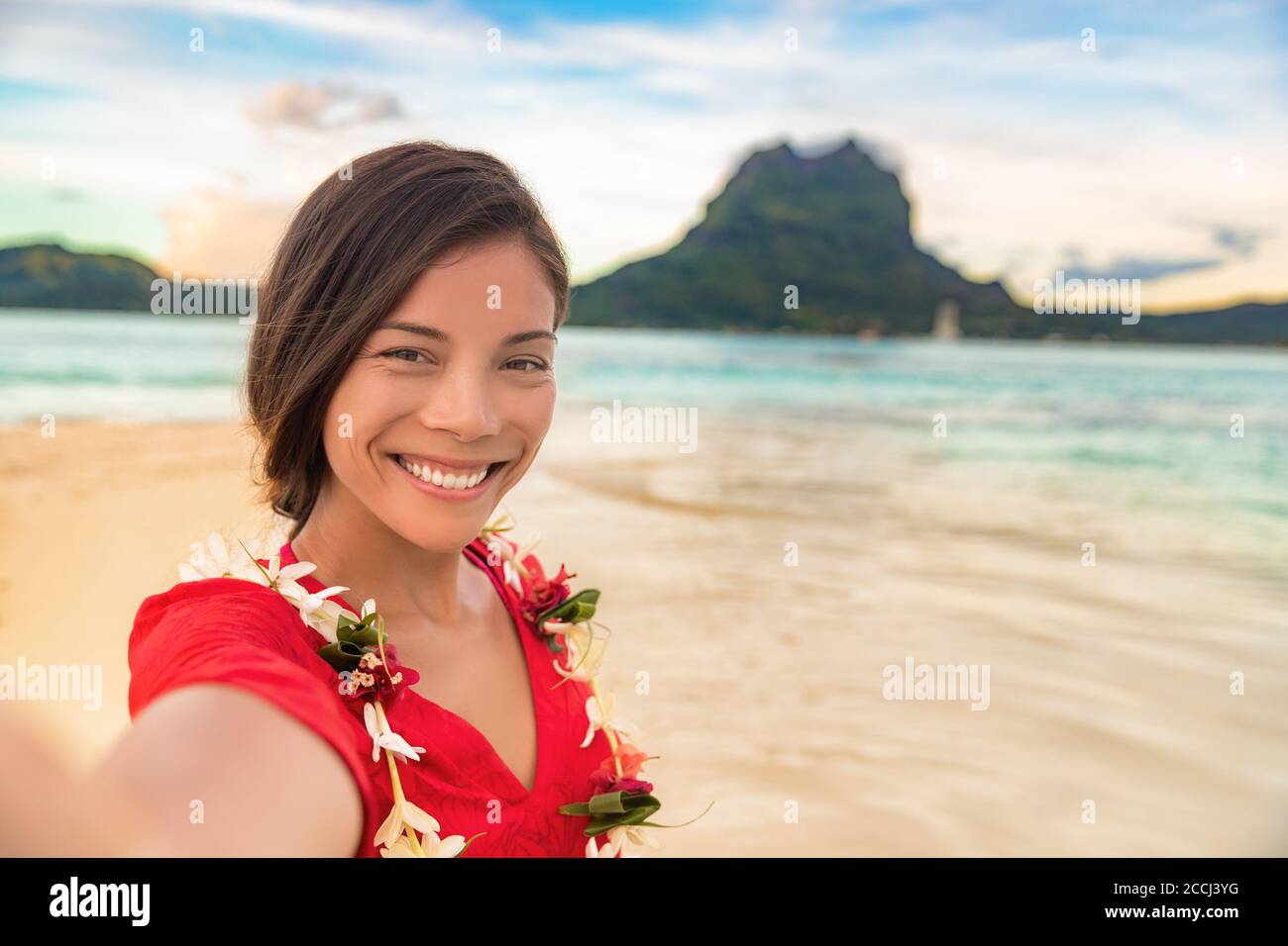 Luxury Vacation Selfie Happy Woman Smiling Taking Photo With Mobile