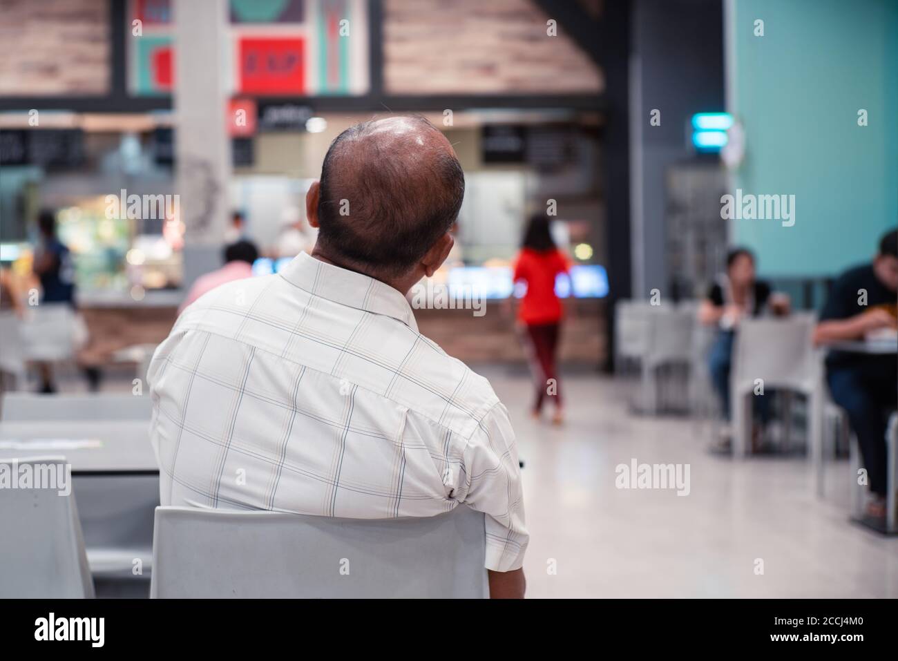 Close up old man Stand backside turn around concerned with serious hair ...