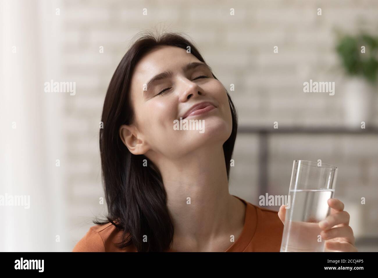 Smiling young woman drink mineral water from glass Stock Photo - Alamy