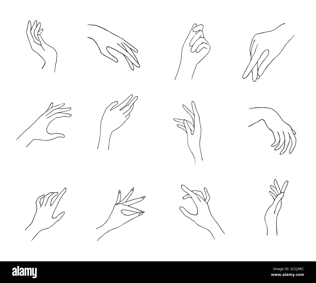 Women hand icons. Elegant female hands of different gestures. Lineart in a trendy minimalist ...