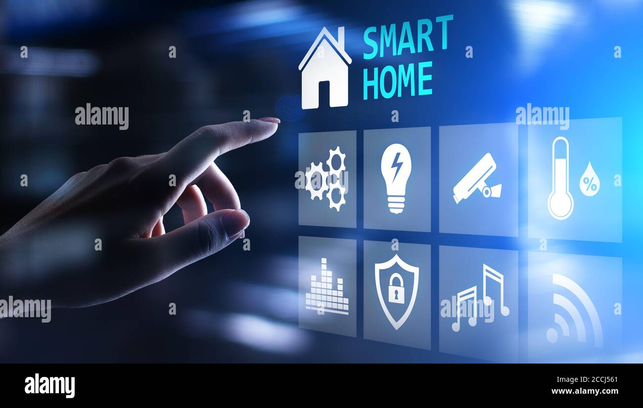 Smart home control panel on virtual screen. Internet of things, IOT ...