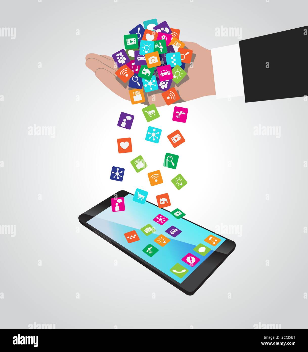 Hand loads and installs apps in smartphone. Application download ...