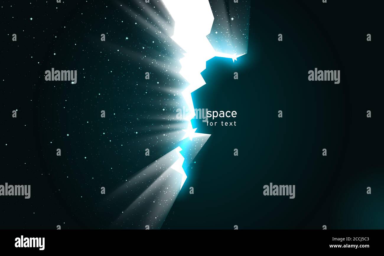 Light and stars in space from cracks in wall. Dark broken wall glow ...