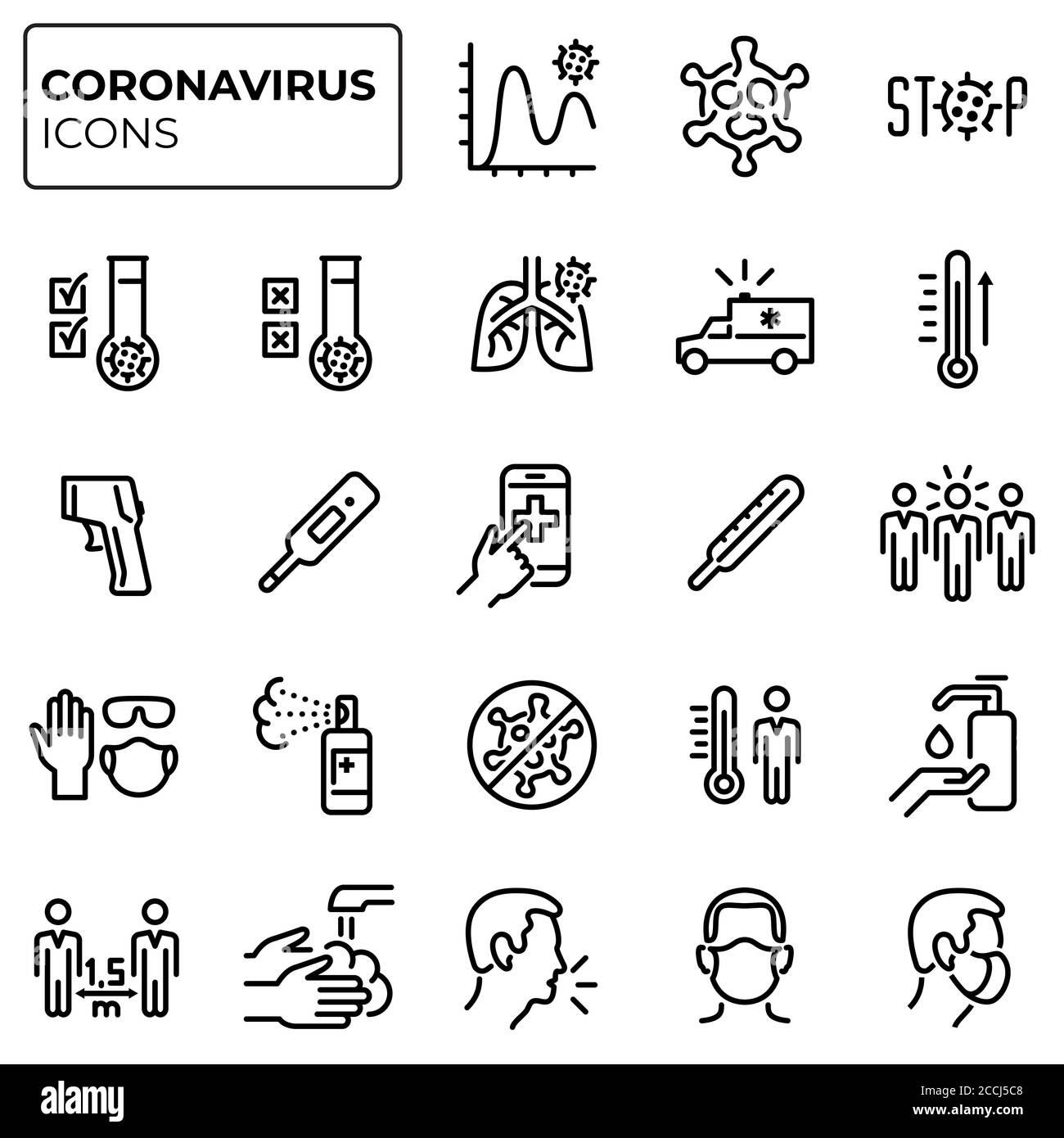 Coronavirus outline icons set. Second wave of coronavirus epidemics ...