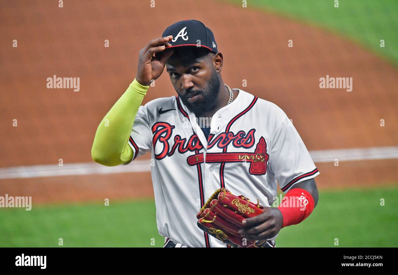 Atlanta, USA. August 22, 2020: Braves left fielder Marcell Ozuna walks ...