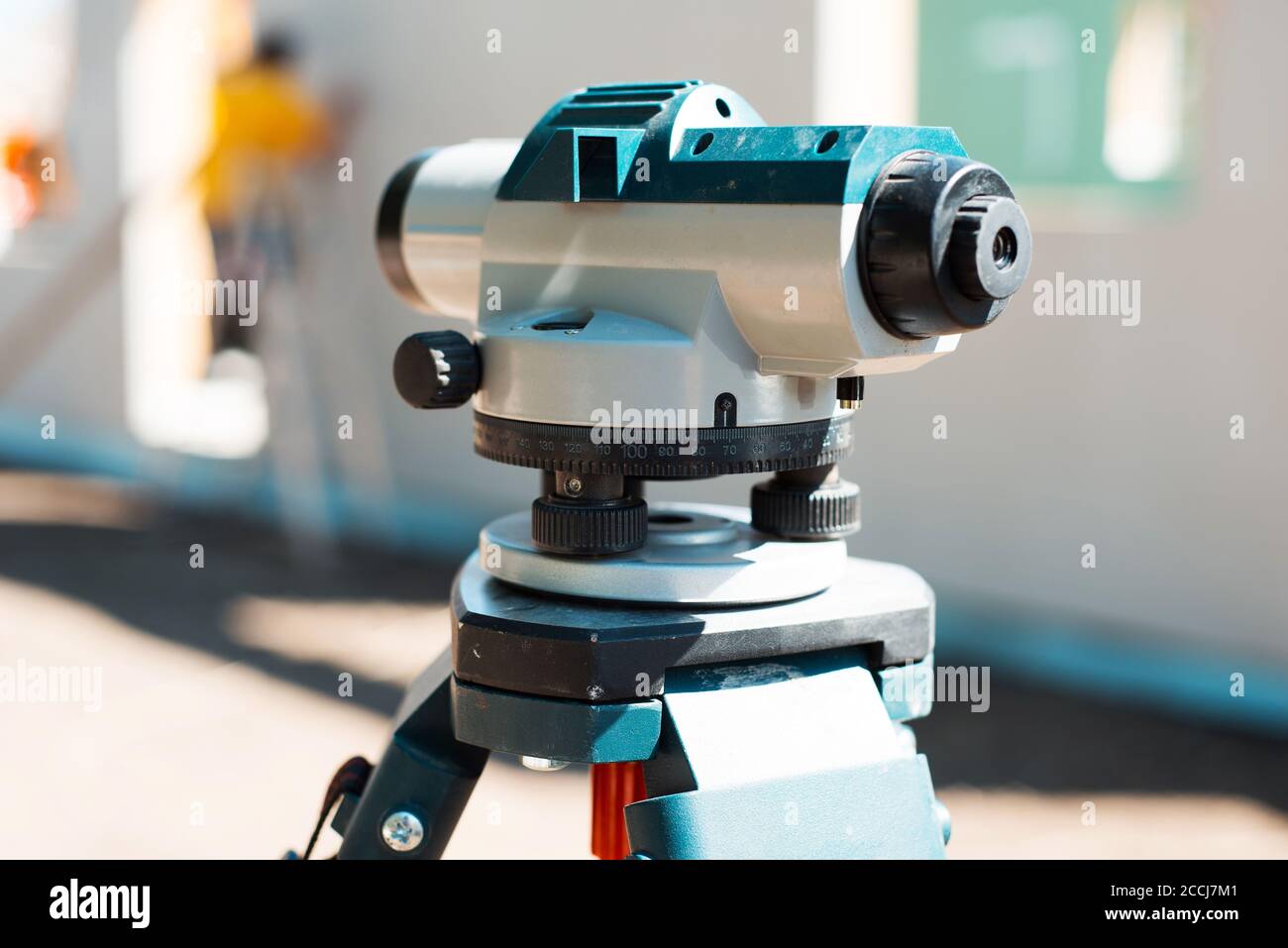 Close up photo equipment for topography, level in construcion of house ...
