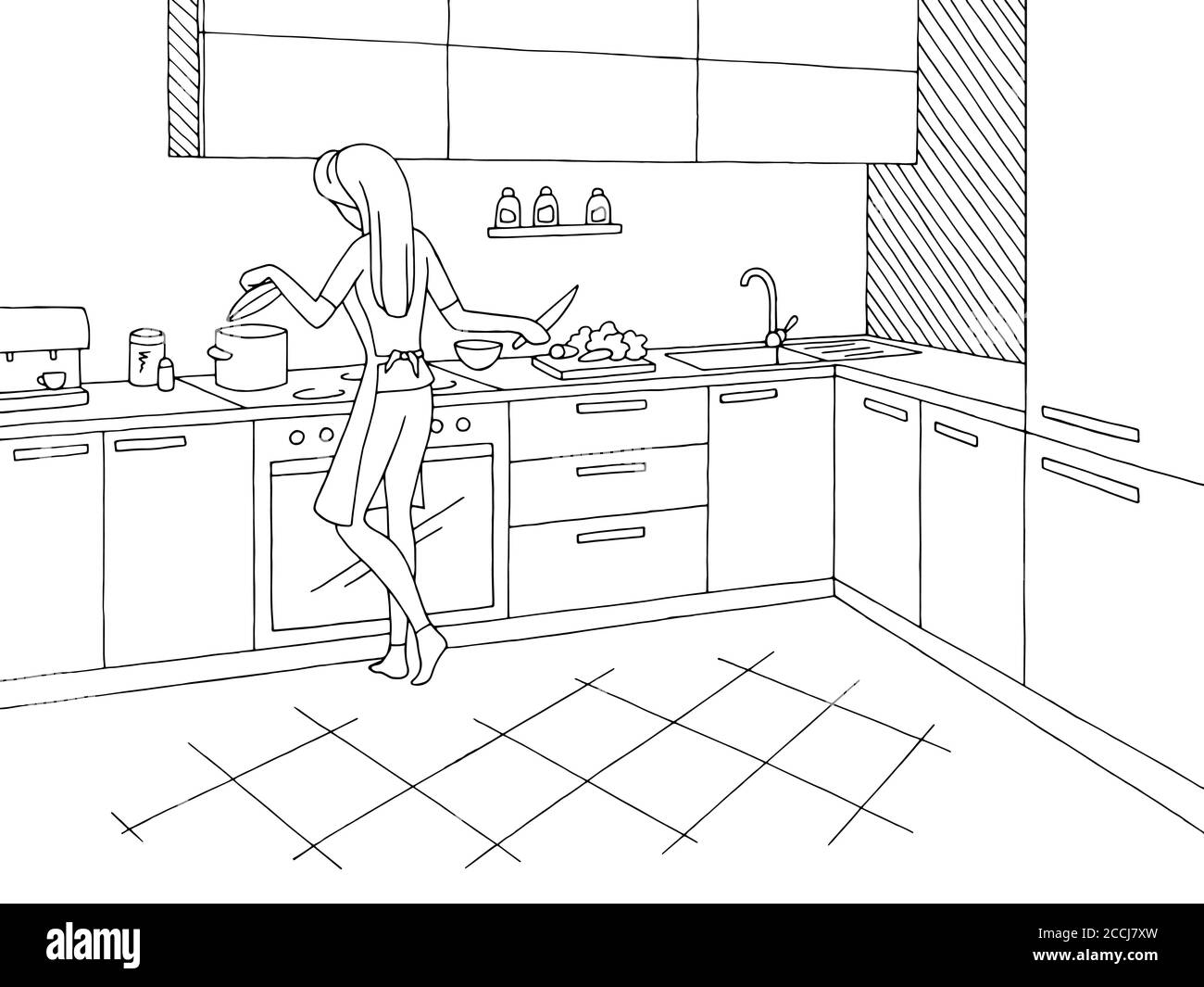 Kitchen room graphic black white home interior sketch illustration ...