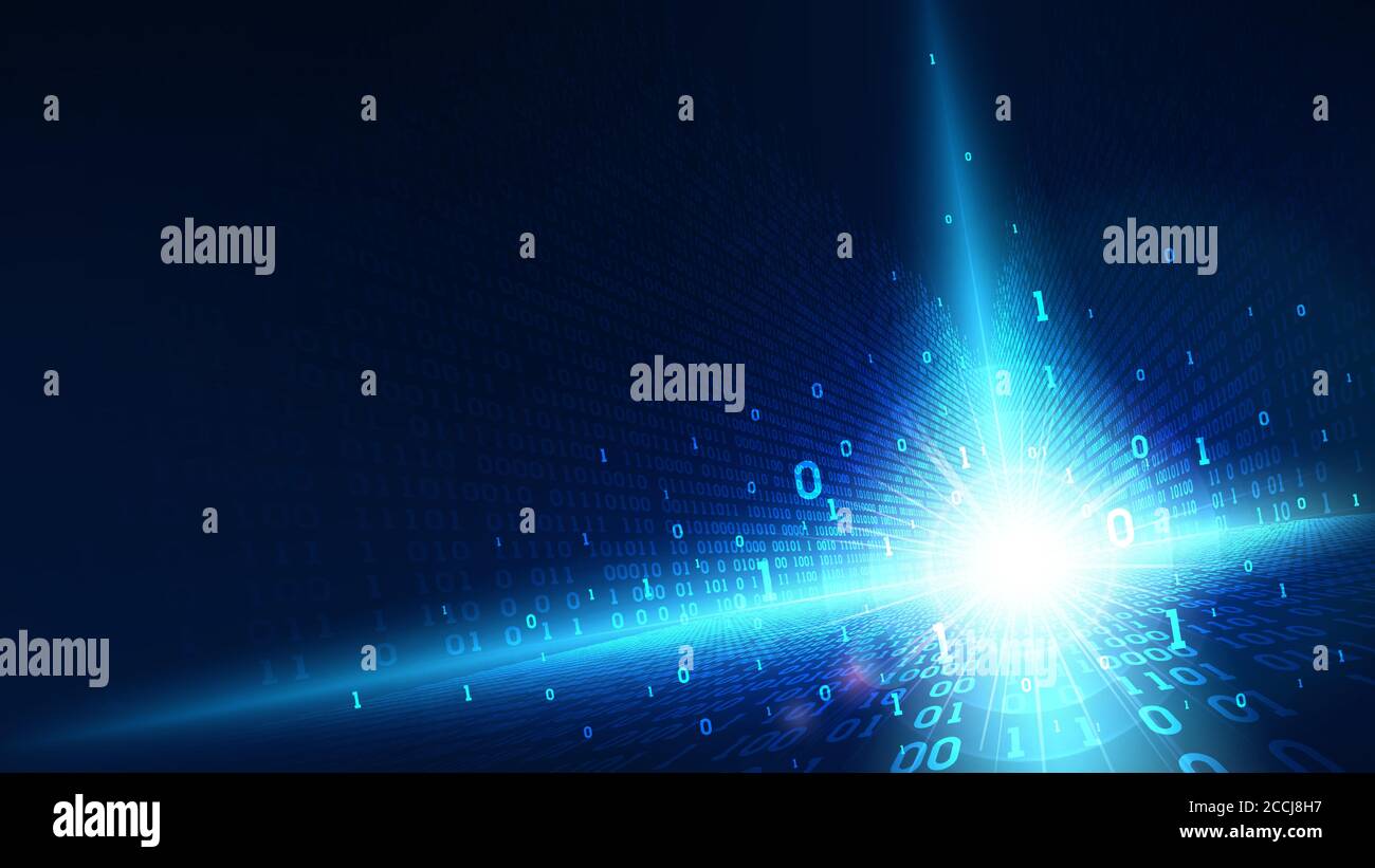 Binary code in abstract futuristic cyberspace, matrix shining blue ...