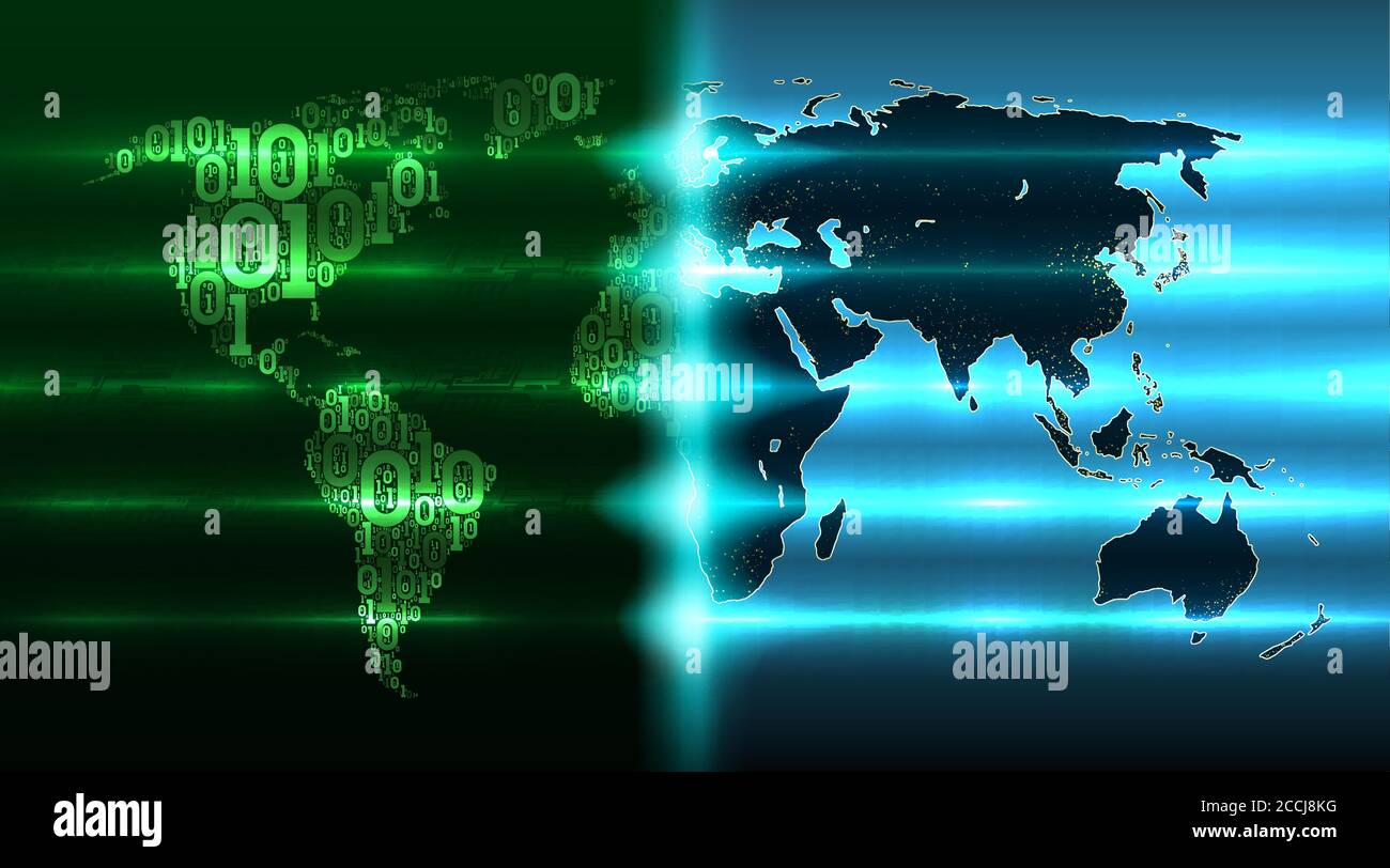 Digital global technologies of the future take over the world. Map of ...