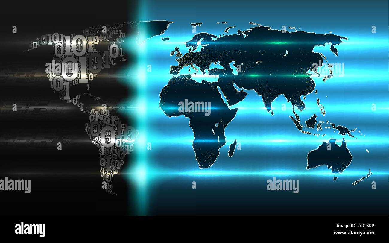 World map with continents from a binary code with a background of abstract circuit boards ...