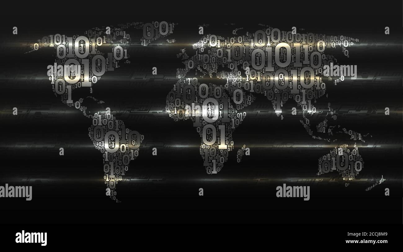 World Map With Continents From A Binary Code With A Background Of