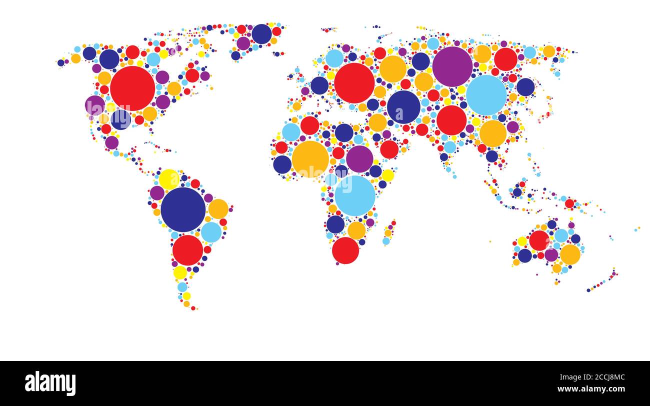 World map of colored circles, multicolor pattern, isolated on white ...