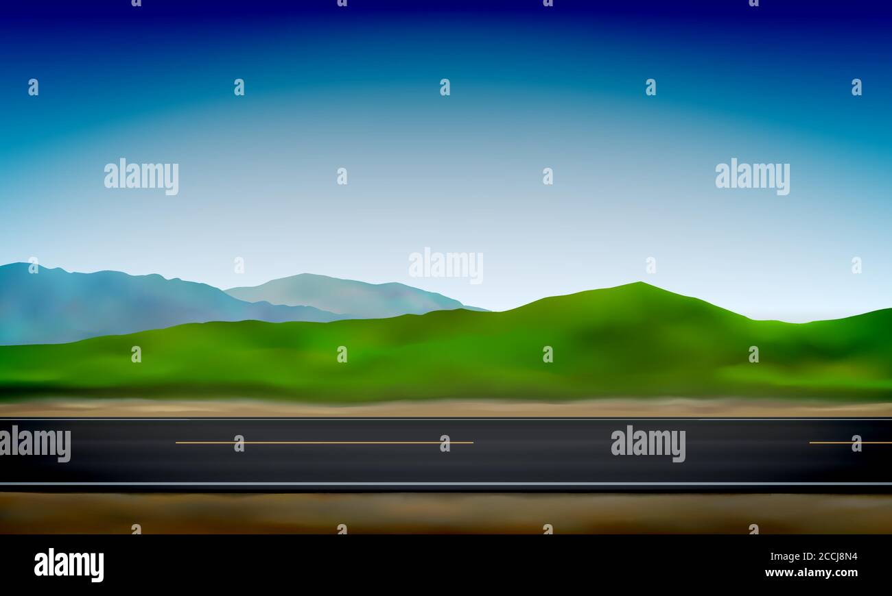 Side view of a road, roadside, green meadow in the hills and clear blue ...