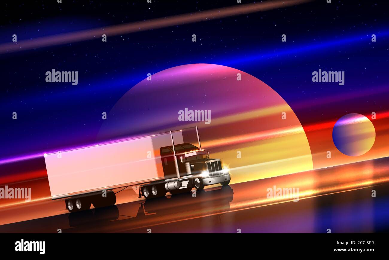 Truck rides on the highway in space. Classic big rig semi truck with ...