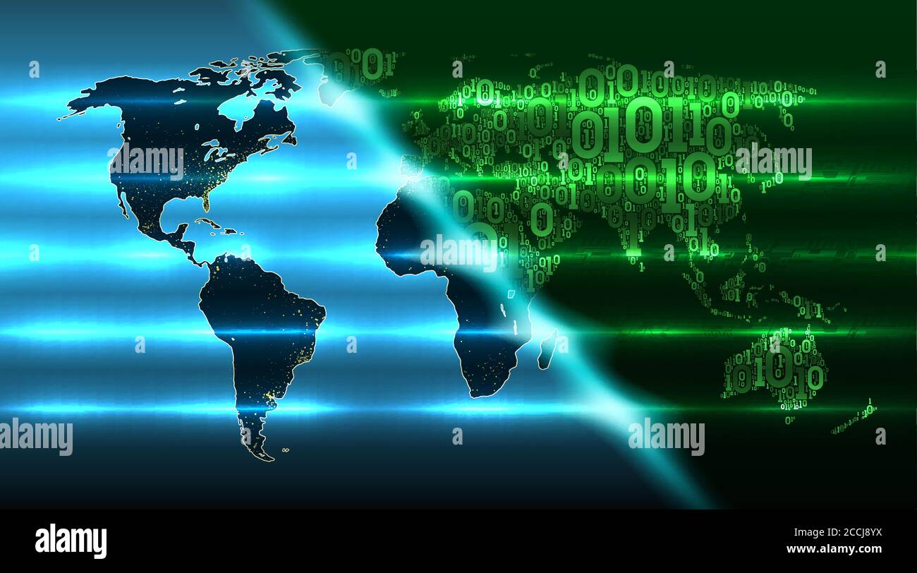 Binary code world map with with a background of abstract circuit boards, electronics. Digital ...