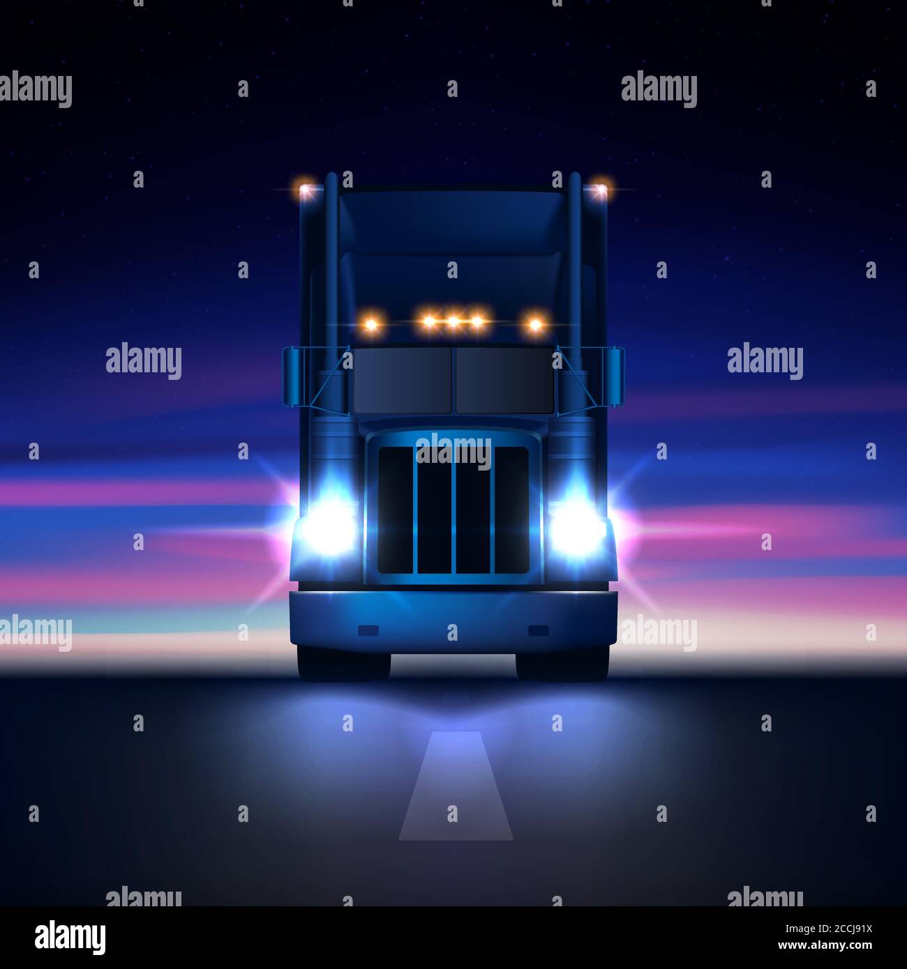 Night large classic big rig semi truck with headlights and dry van semi ...