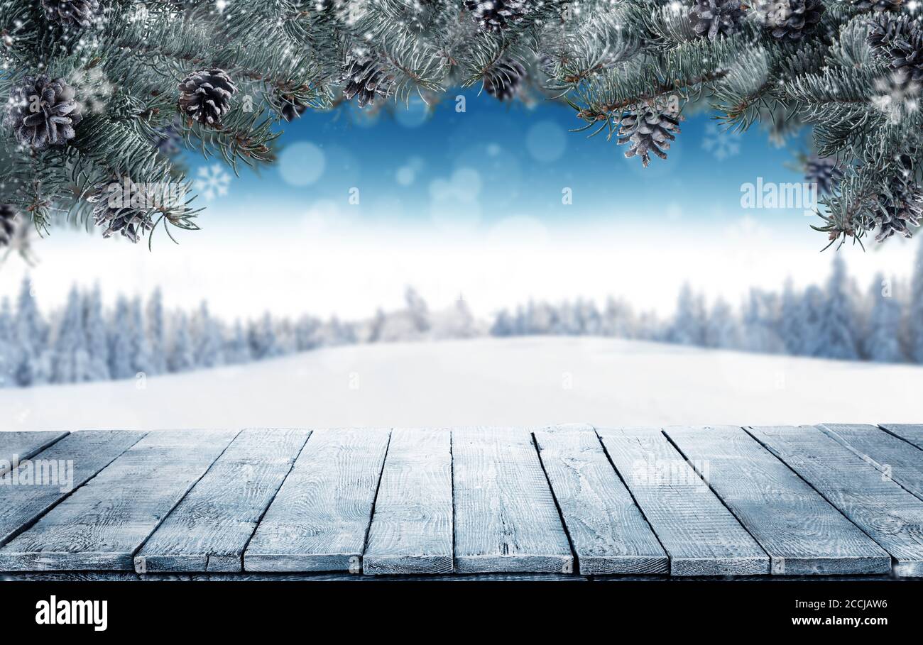 Winter background with empty wooden planks and fir branches. Free space ...