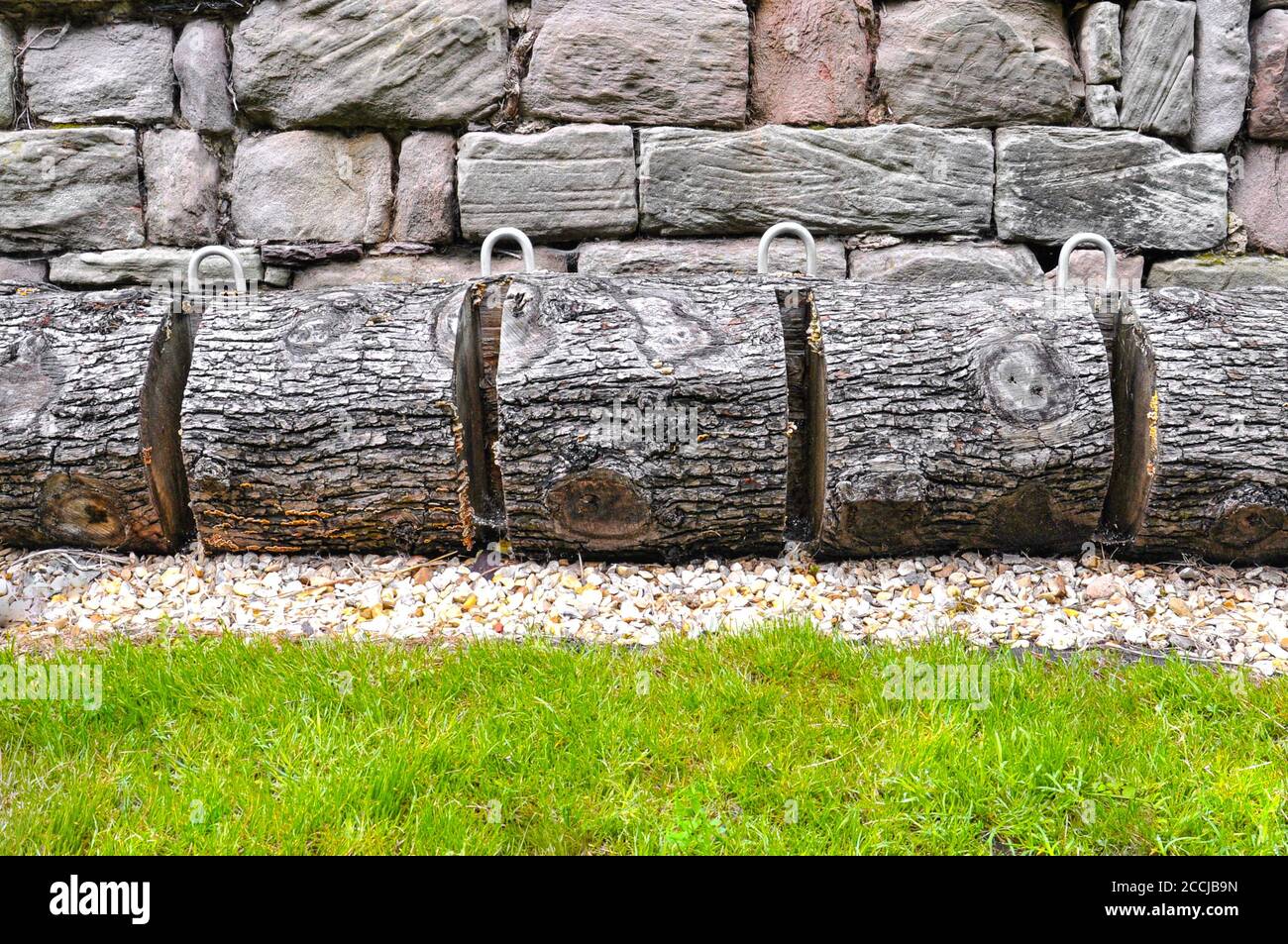 An environmentally friendly bicycle rack made from a tree truck Stock ...